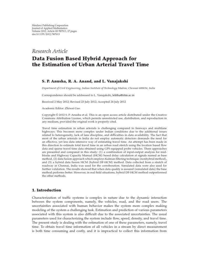 Research Article: Data Fusion Based Hybrid Approach For The Estimation of Urban Arterial Travel ...