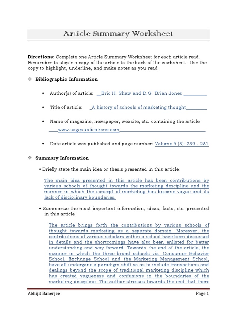 Article Summary Worksheet - Smith & Jones | PDF | Paradigm | Academic ...