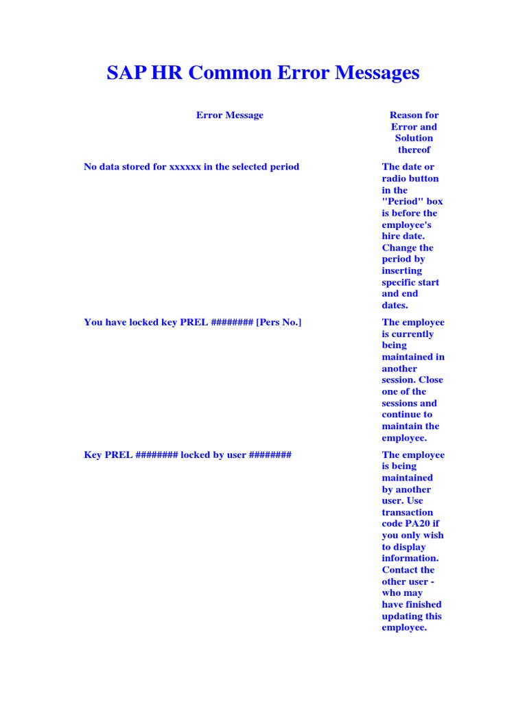 SAP HR Common Error Messages | PDF | Payroll | Wage