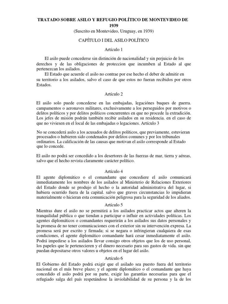 Tratado Sobre Asilo y Refugio Politico Montevideo 1939 | PDF ...