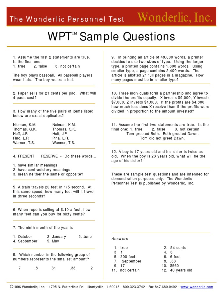 Wonderlic, Inc.: WPT Sample Questions | PDF