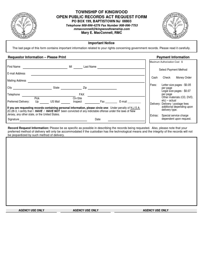 Kingwood Township OPRA Request Form | PDF | Computer Security | Security