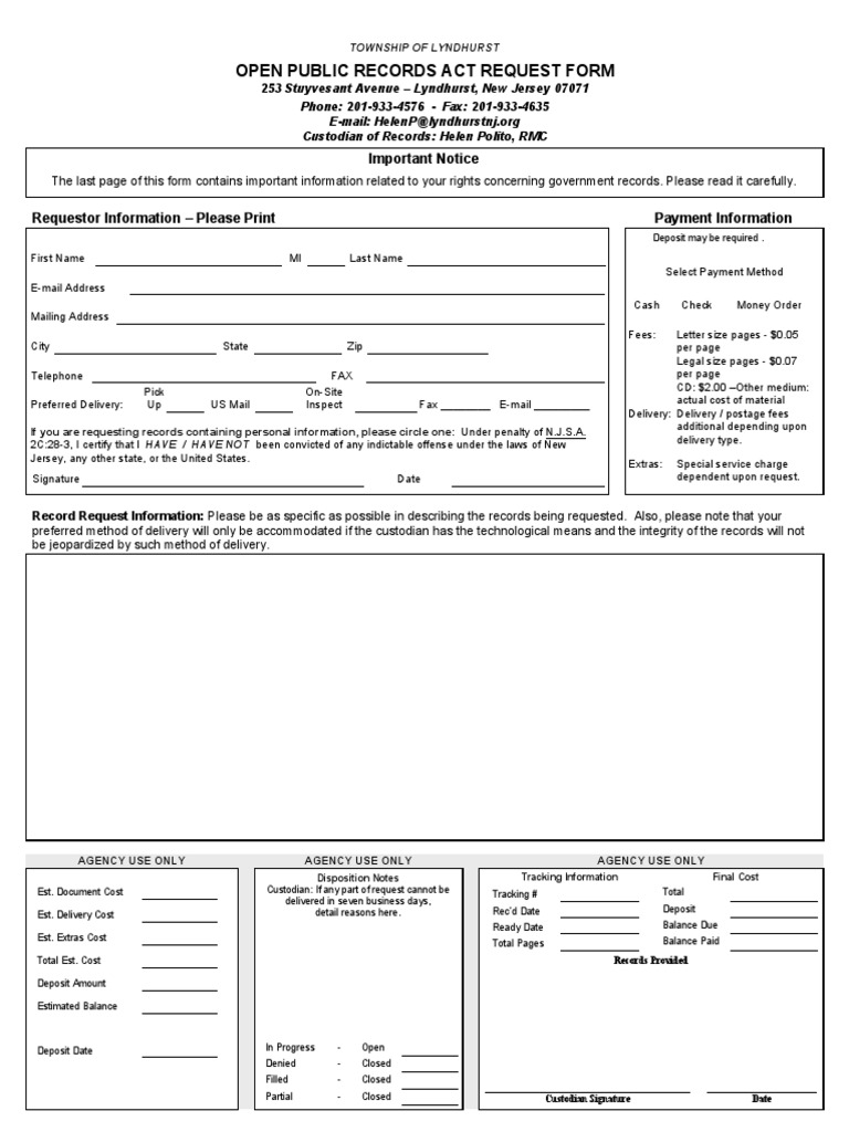 Lyndhurst OPRA Request Form | PDF | Discovery (Law) | Computer Security