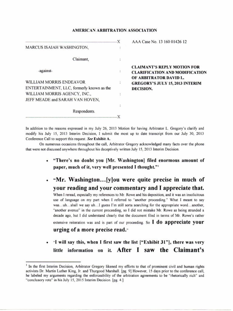 Washington v. William Morris Endeavor Entertainment Et Al. - Claimant's ...
