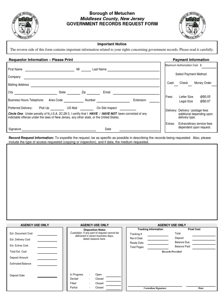 Metuchen OPRA Request Form | PDF | Cheque | Mail