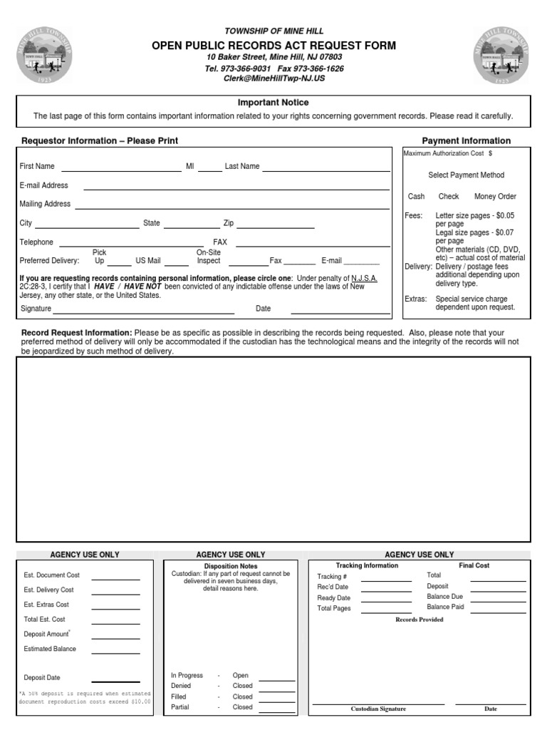 Mine Hill OPRA Request Form | PDF | Discovery (Law) | Computer Security