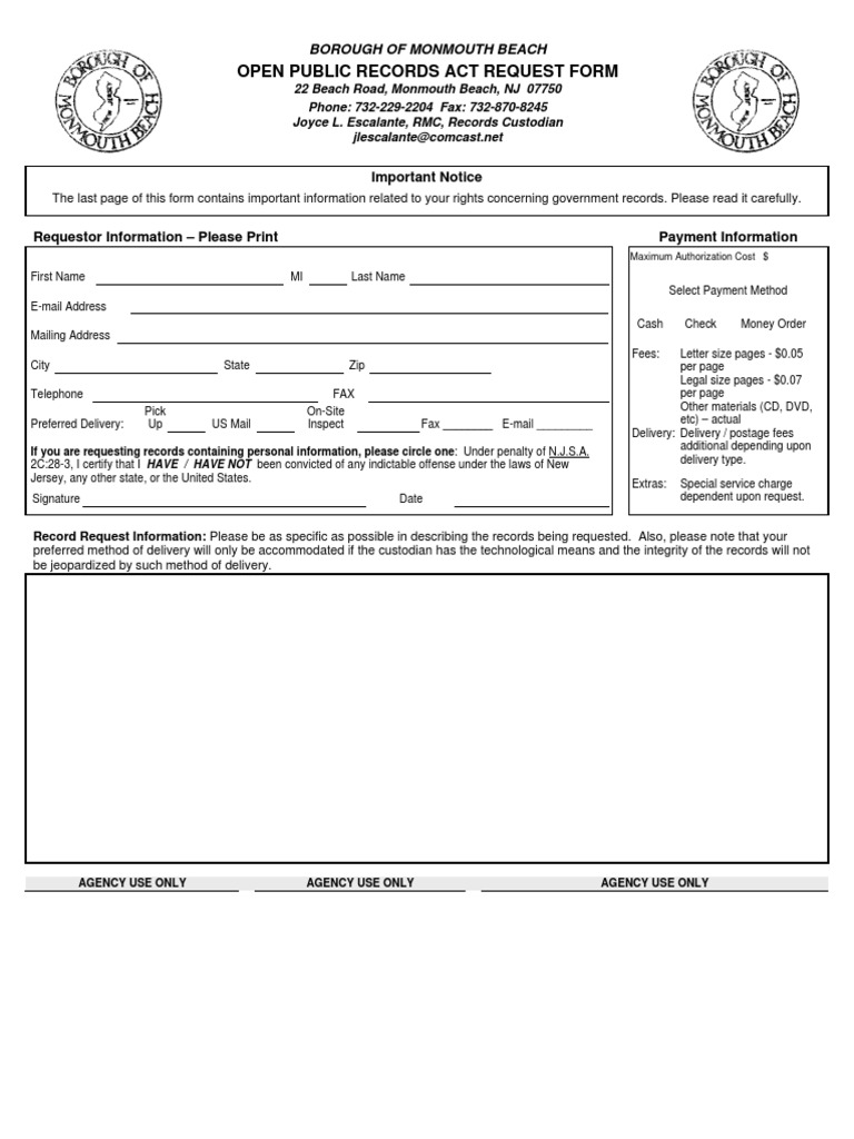 Monmouth Beach OPRA Request Form | PDF | Computer Security | Security