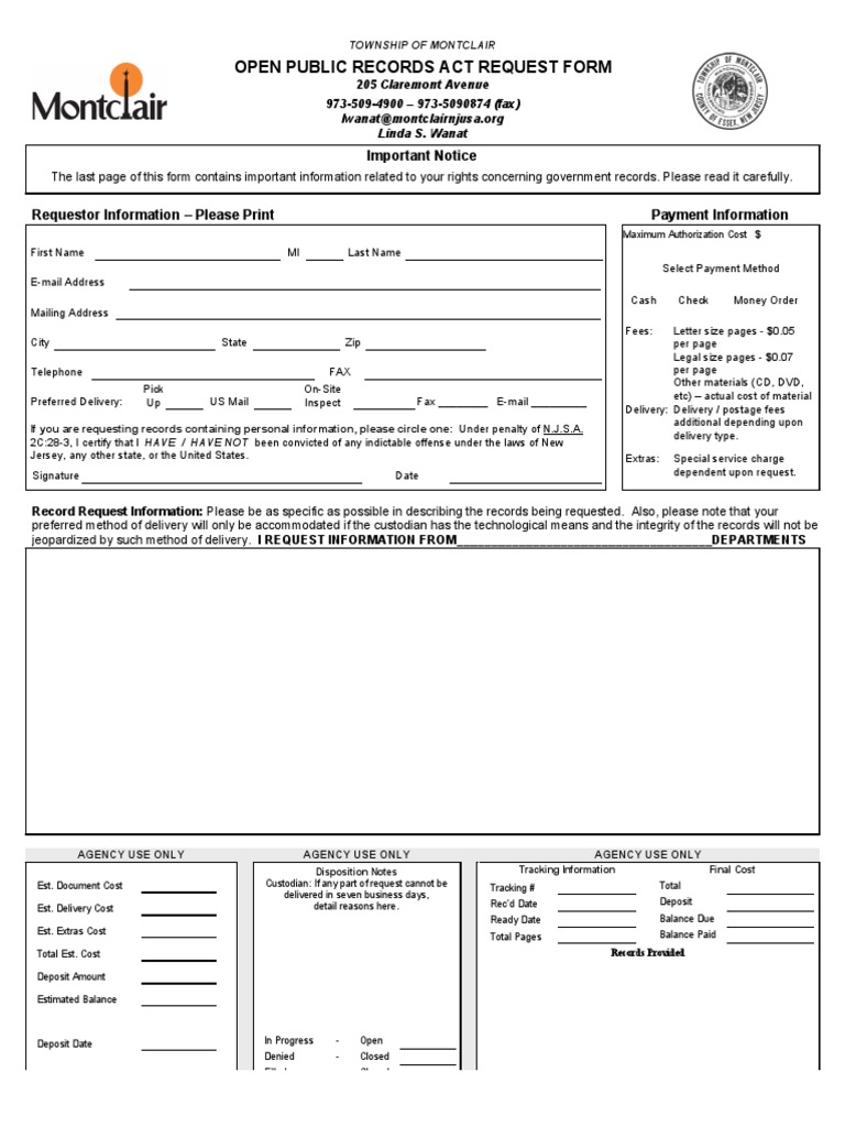 Montclair OPRA Request Form | PDF | Discovery (Law) | Computer Security