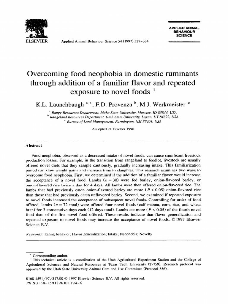 Overcoming Food Neophobia in Ruminants | PDF | Sheep | Rice