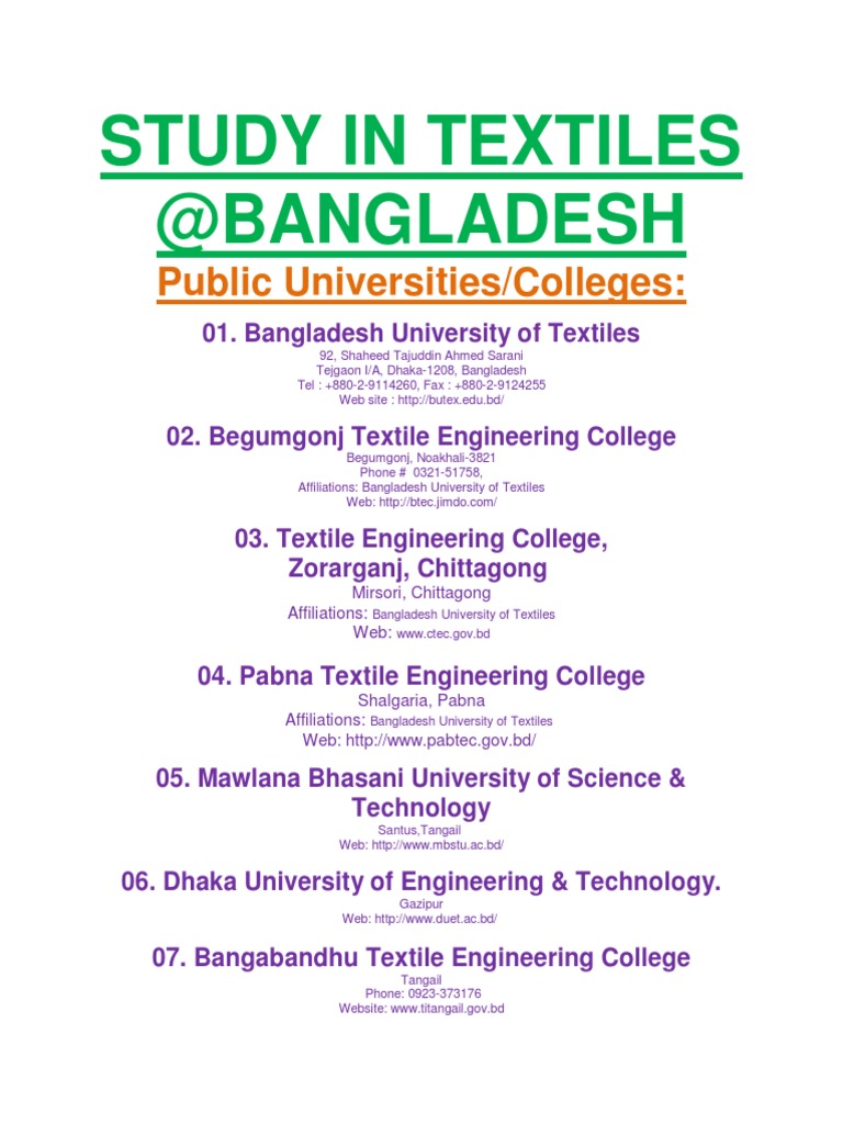 List of Textile Engineering Universities/Colleges of Bangladesh | PDF ...