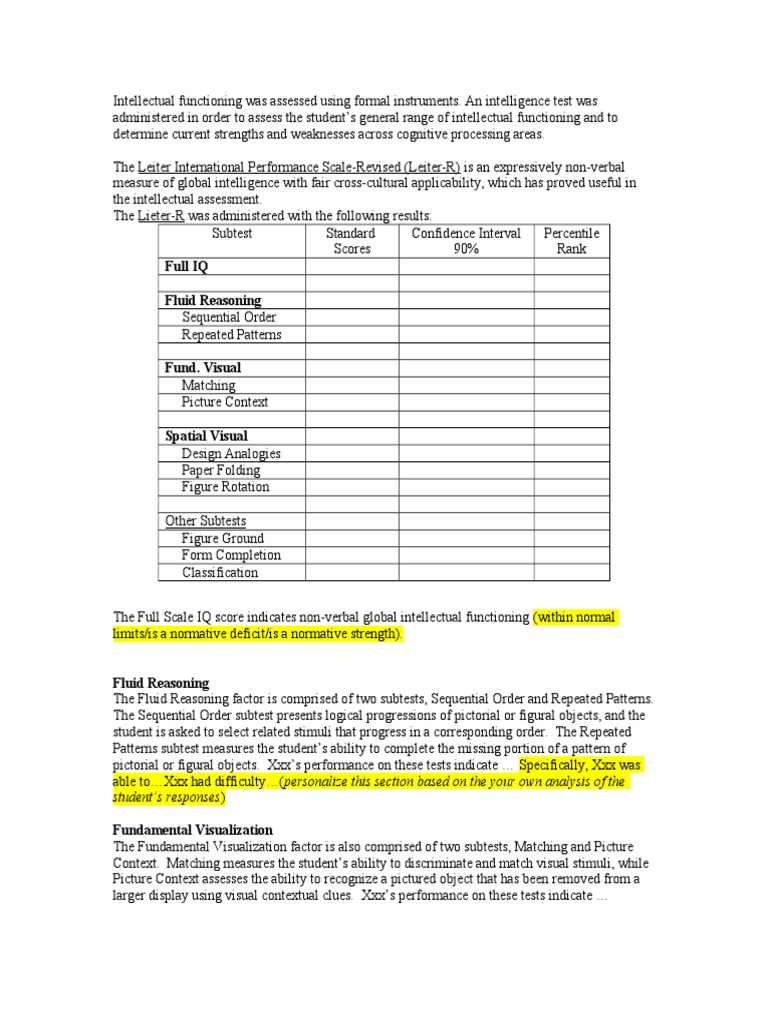 8 Cognitive Template - Leiter-R | PDF | Intelligence Quotient | Memory