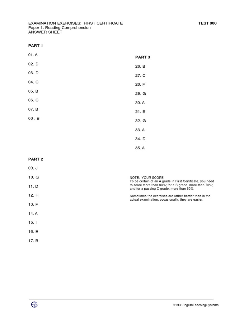 Analysis of a Sample First Certificate Reading Comprehension Test: Exam ...