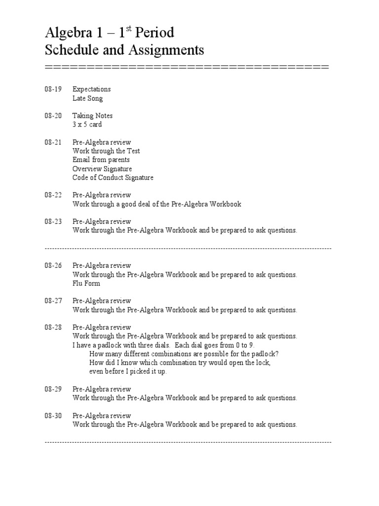Algebra 1 Schedule & Assignments | PDF