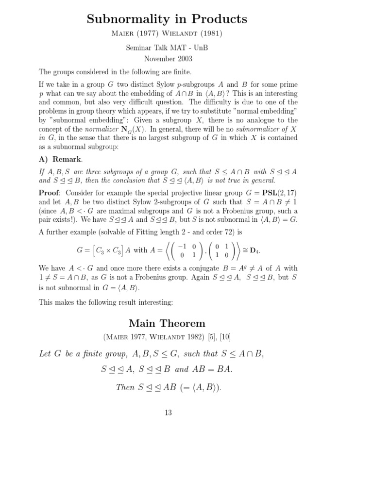 Subnormality in Products: Main Theorem | PDF | Mathematical Objects ...