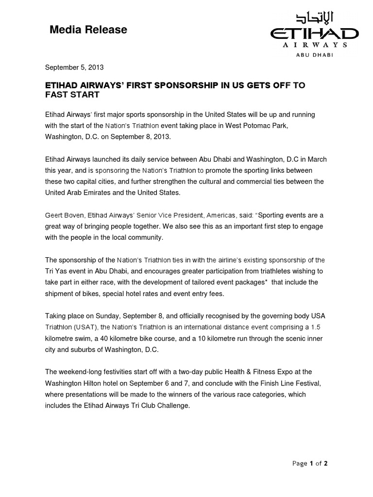 Etihad Airways' First Sponsorship in US Gets Off To Fast Start | PDF ...
