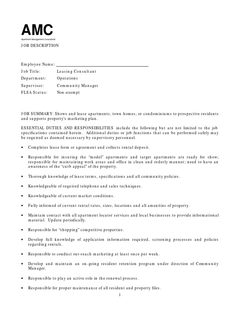 Leasing Job Description | PDF | Visual Perception | Employment