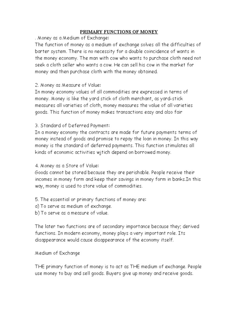 Primary Functions of Money | PDF | Medium Of Exchange | Money