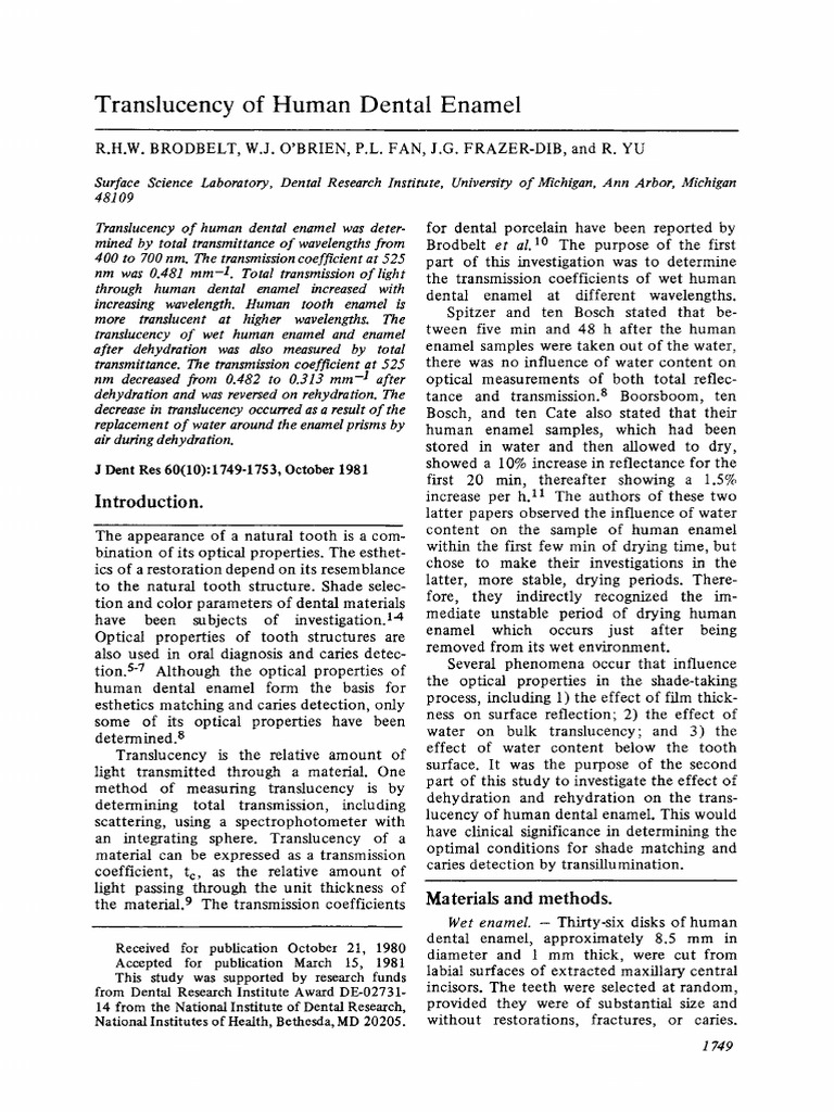 Human Dental Enamel Translucency Study | PDF | Tooth Enamel ...