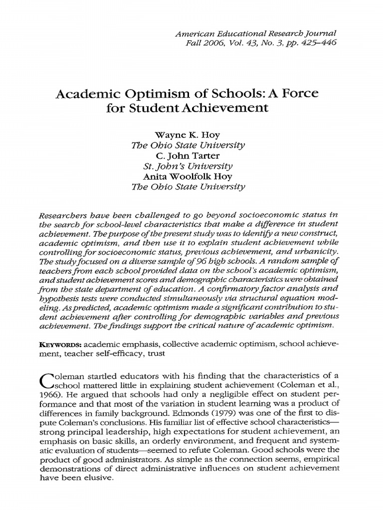 Academic Optimism Pdf Self Efficacy Optimism