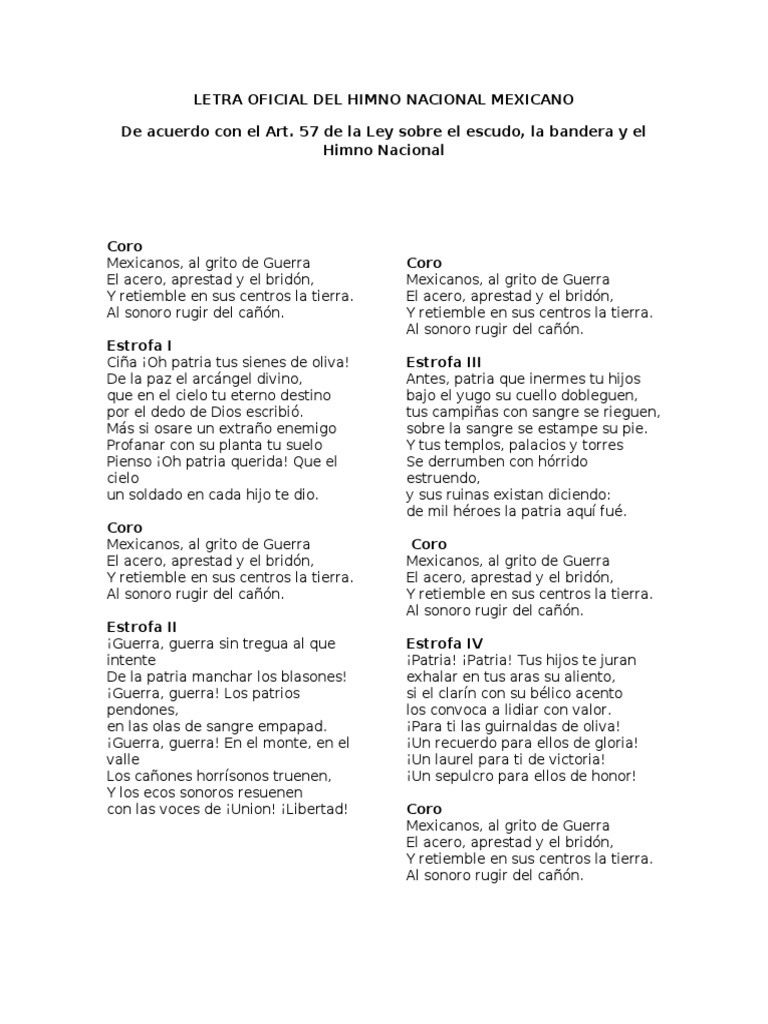 Letra Oficial Del Himno Nacional Mexicano | PDF