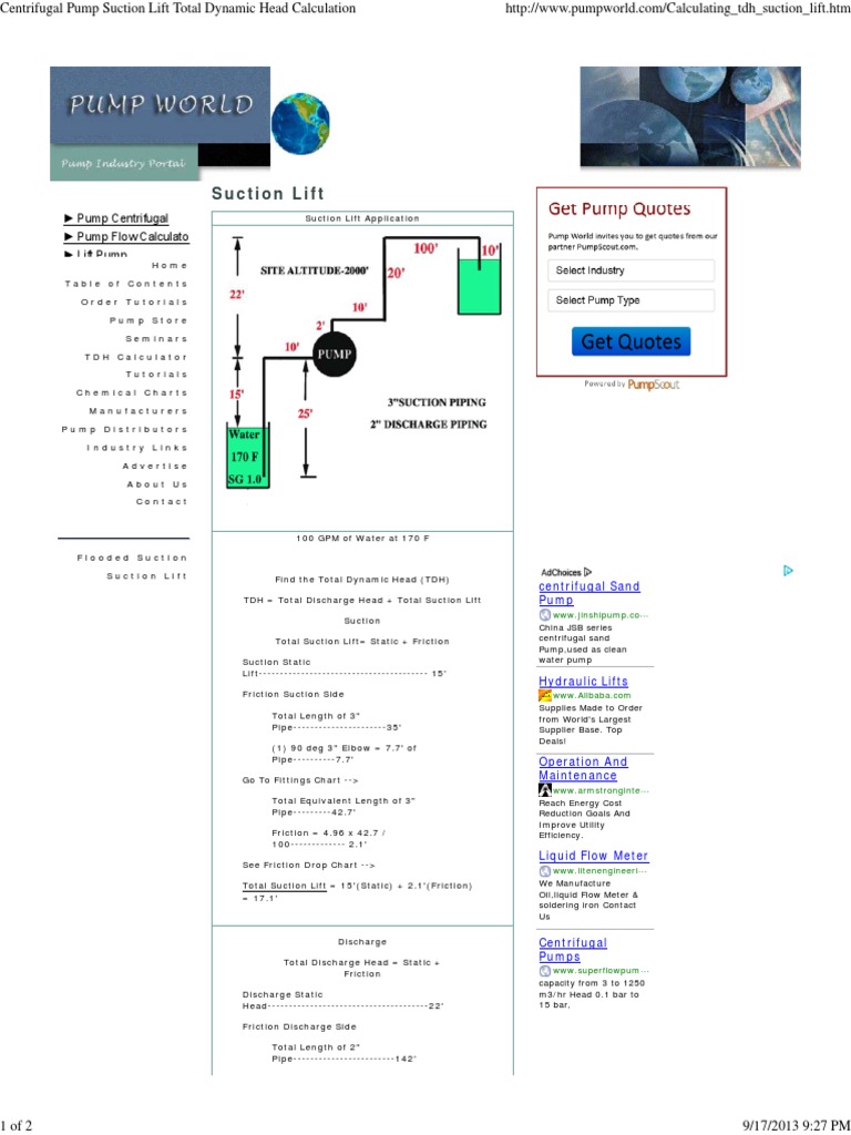 Centrifugal Pump Suction Lift Total Dynamic Head Calculation | PDF