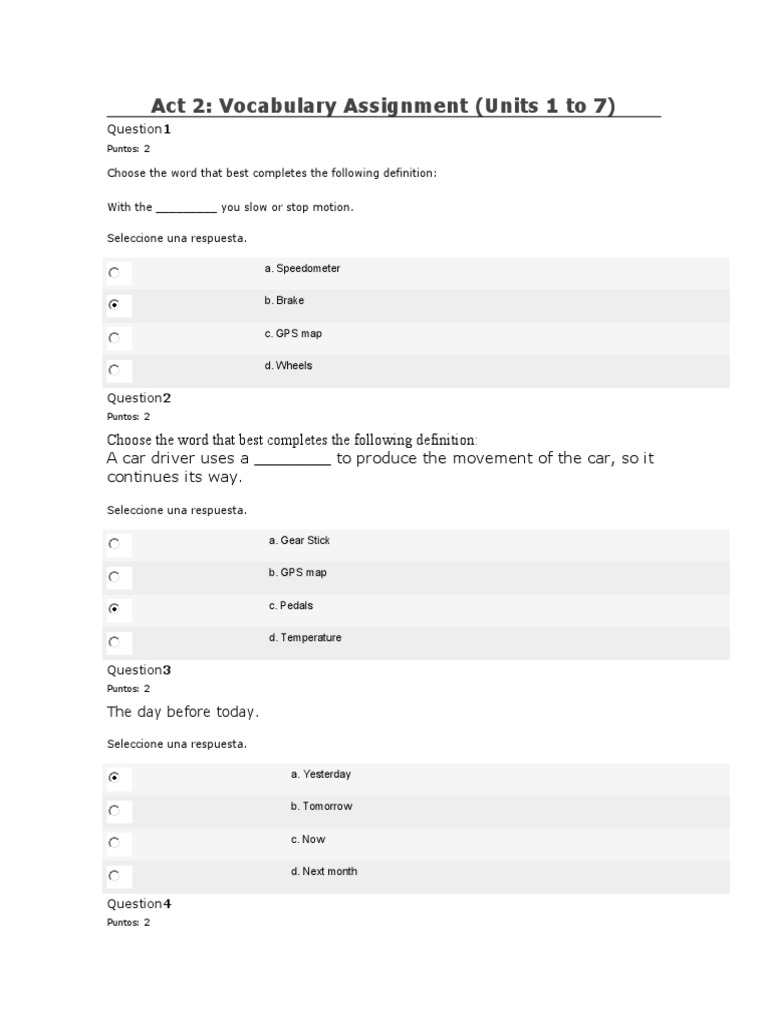 Vocabulary Quiz: Units 1-7 Review | PDF