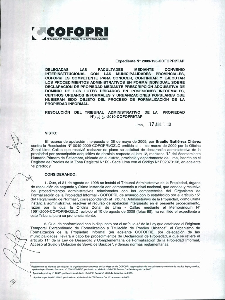 Resol - Tap Cofopri 1 | PDF | Lima | Propiedad