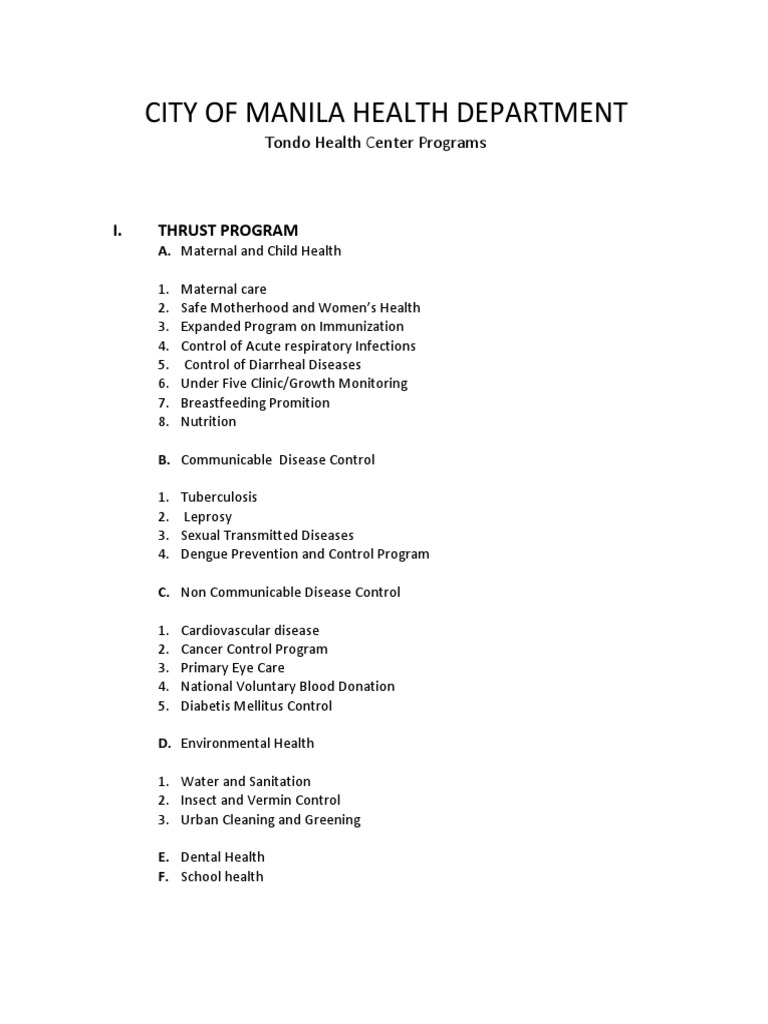 Manila Health Department Programs Overview | PDF | Wellness