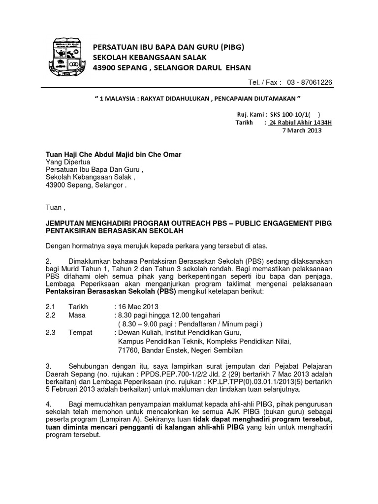 Surat Jemputan Program Outreach Pbs Pibg | PDF