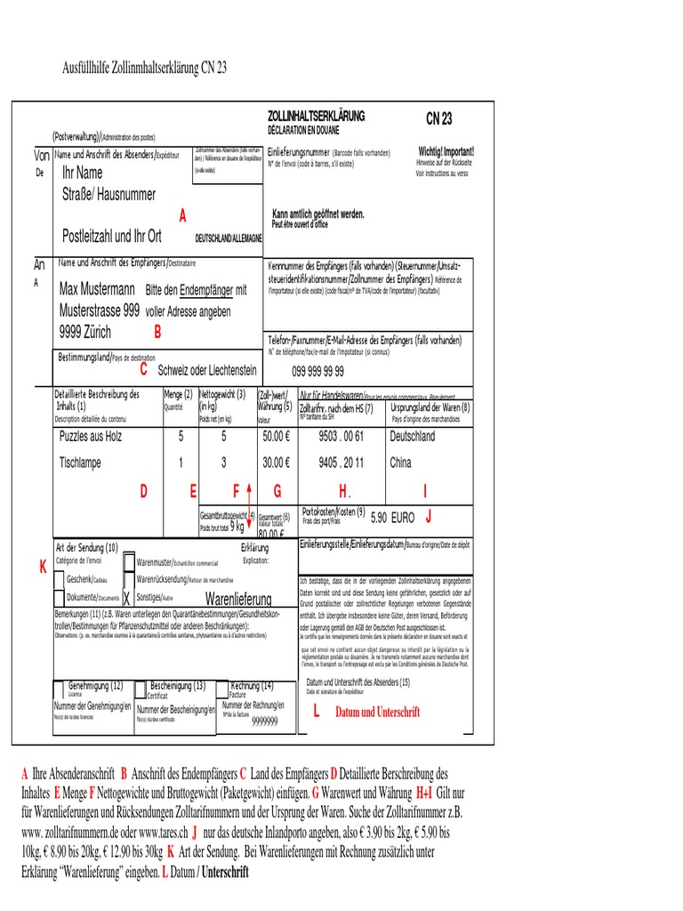 Zollinhaltserklaerung CN 23 Vorlage | PDF