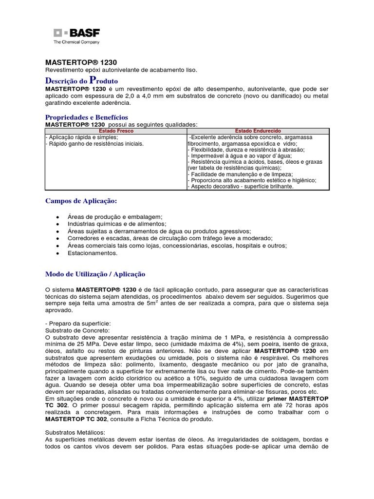 Ficha Técnica Mastertop 1230 | PDF | Umidade | Embalagem e rotulagem