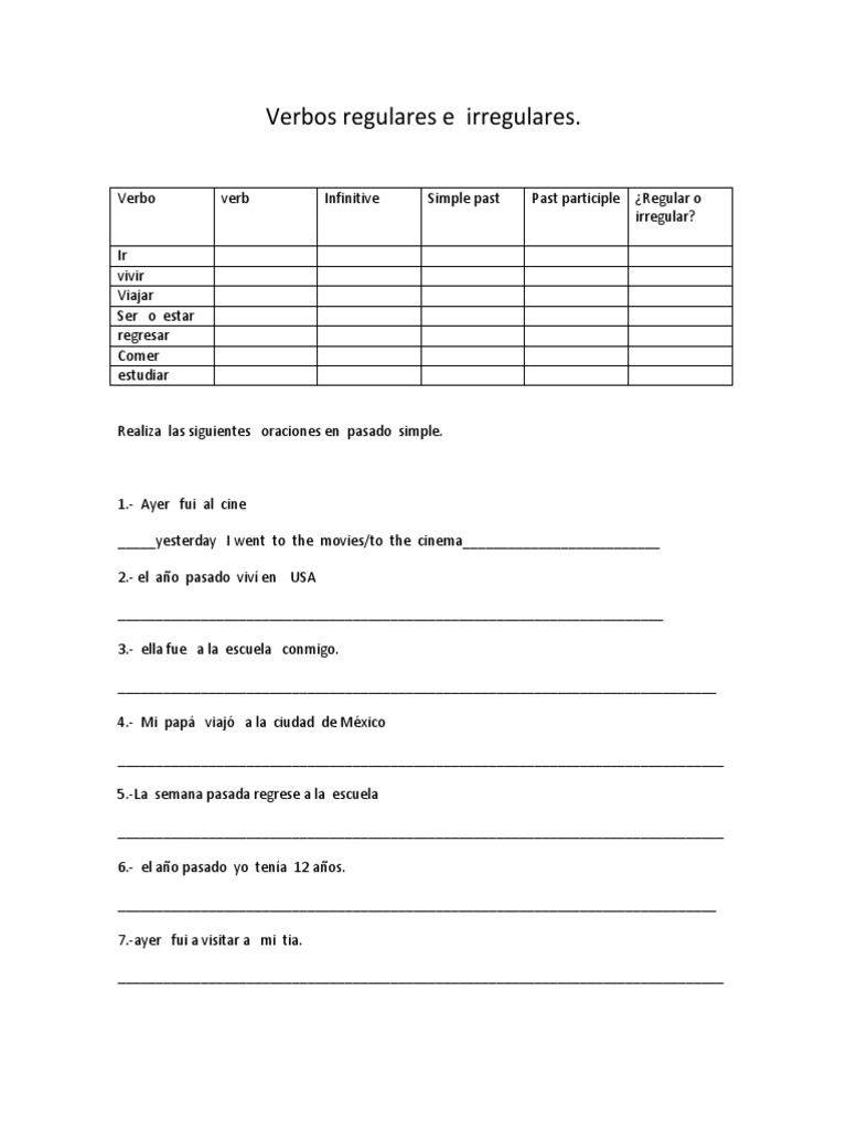 Verbos Regulares e Irregulares y Ejercicios | PDF