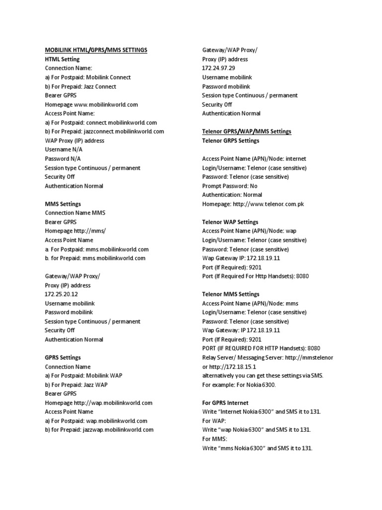 Mobilink and Telenor Internet Settings | PDF | Multimedia Messaging ...