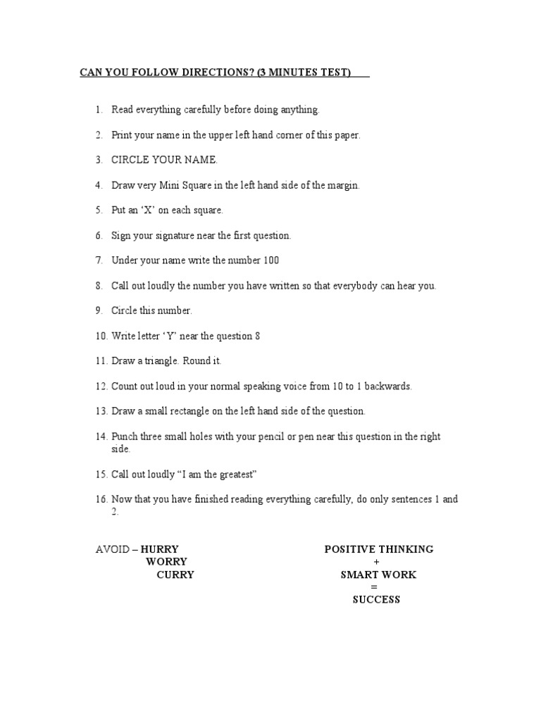 3-Minute Direction-Following Test | PDF