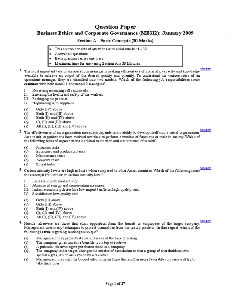 An Analysis of an Ethics Question Paper Containing Questions on Key ...