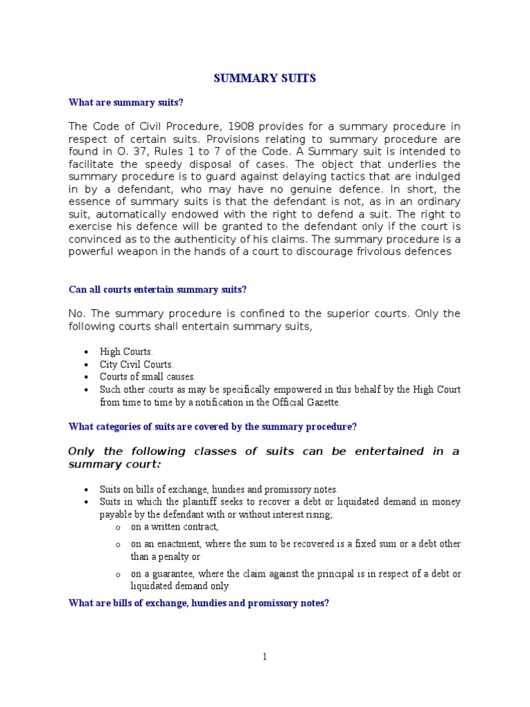 Summary Suits | PDF | Joinder | Cause Of Action