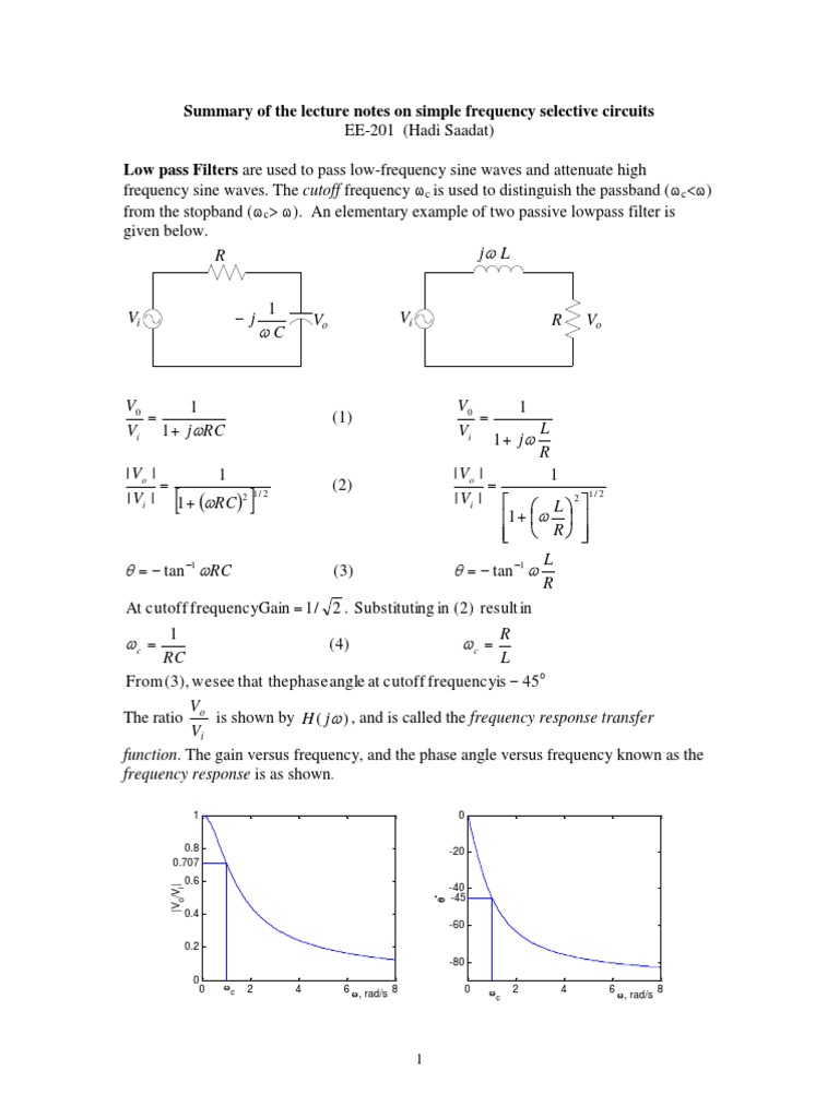 Summary of The Lecture Notes On Simple Frequency Selective Circuits ...