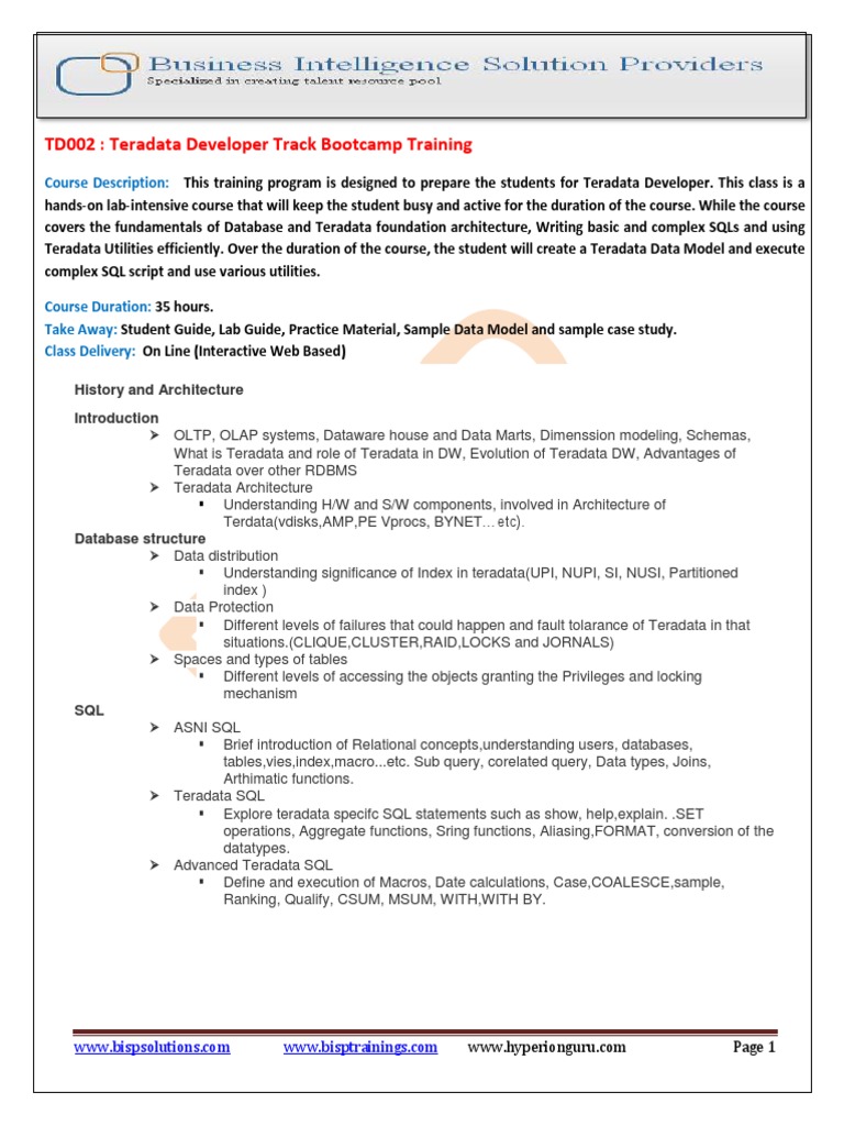 Teradata Developer Track Bootcamp Training | PDF | Sql | Database Index
