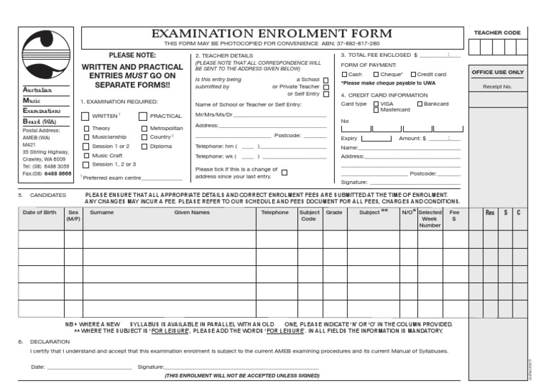 AMEB WA Exam Enrollment Form | PDF | Career & Growth