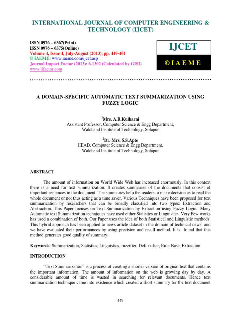 A Domain Specific Automatic Text Summarization Using Fuzzy Logic Pdf Areas Of Computer