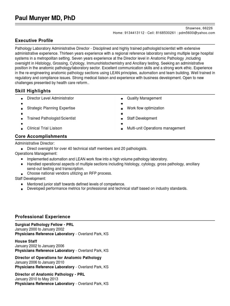 Laboratory Director Resume Summary | PDF | Pathology | Medicine