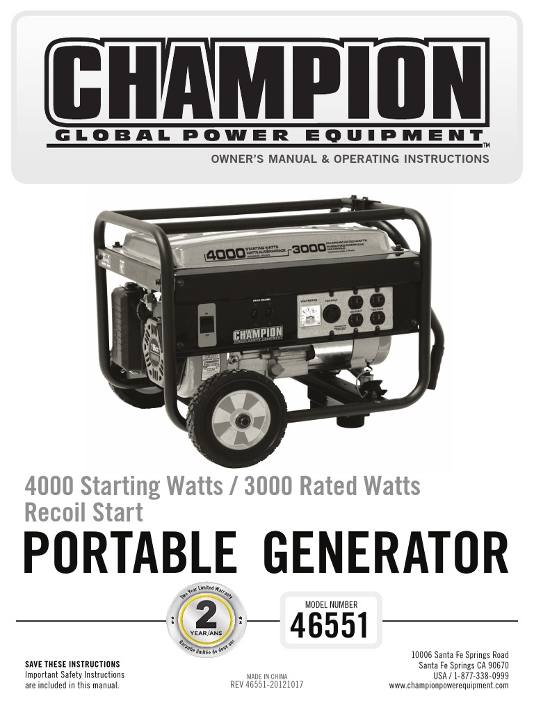 Champion 4000 Watt 46551 - Manual-English | PDF | Gasoline | Carburetor