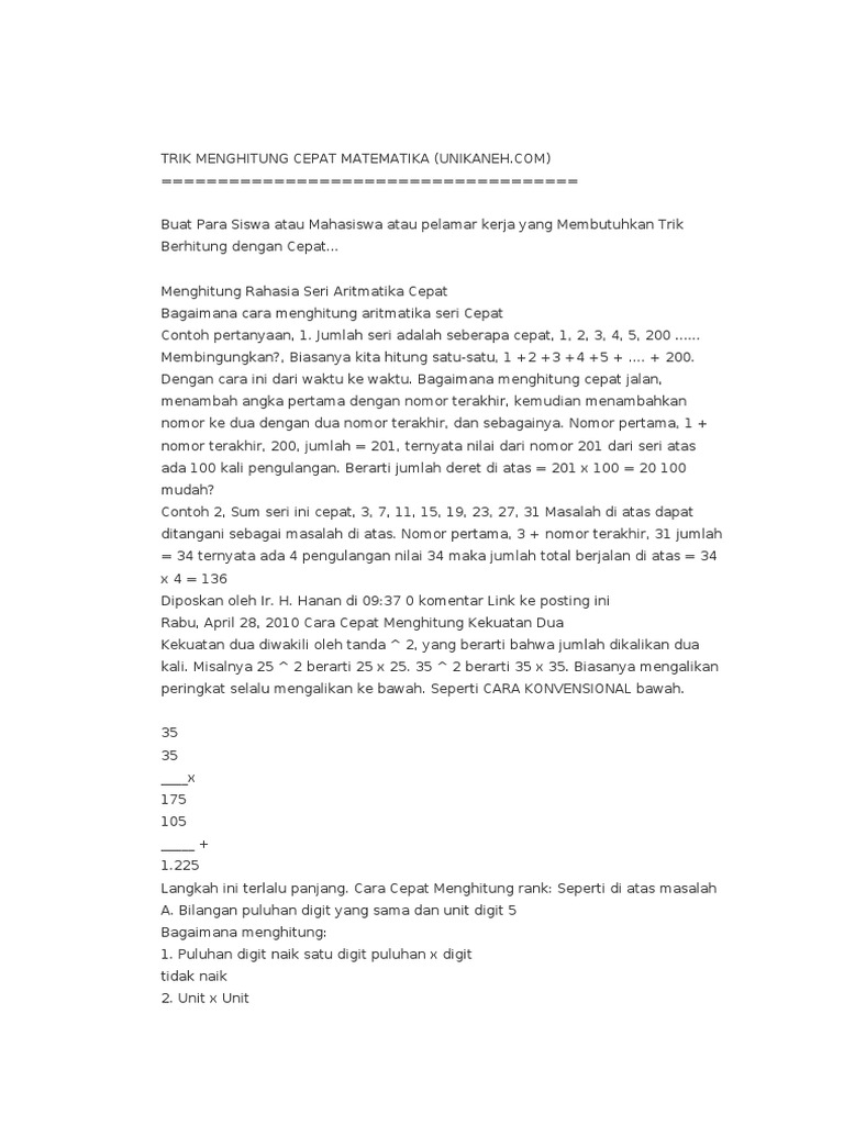 Trik Menghitung Cepat Matematika | PDF