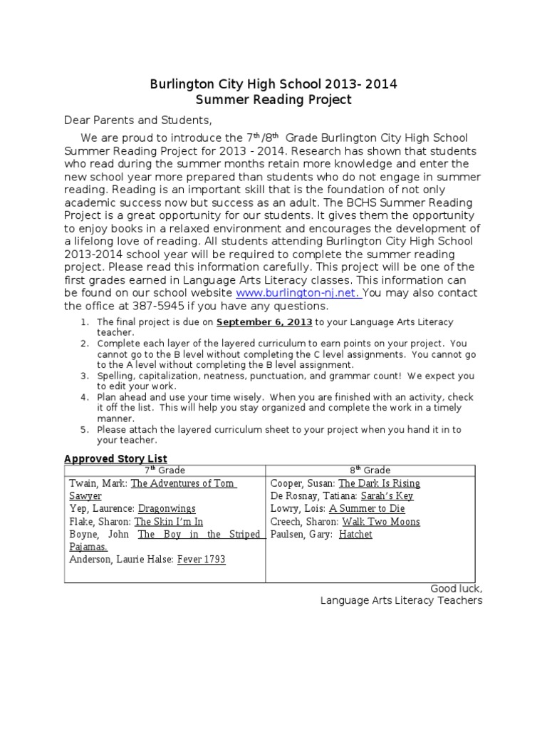BCHS 2013-2014 Summer Reading Project | PDF