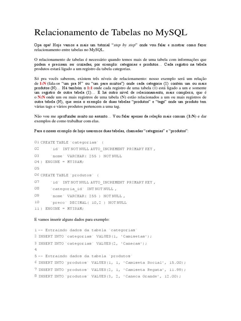 Relacionamento de Tabelas No MySQL | PDF | SQL | Tabela (banco de dados)