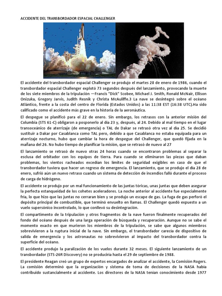 Accidente Del Transbordador Espacial Challenger Resumen | PDF ...