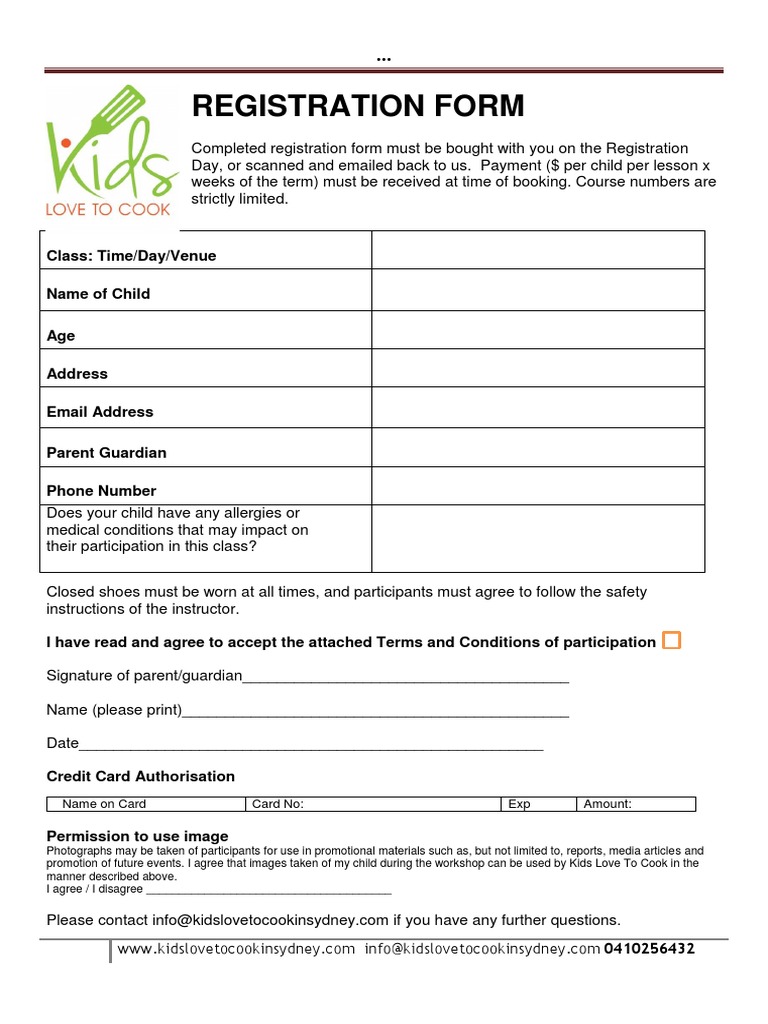 Kids Cooking Class Registration Form | PDF | Food Intolerance | Foods