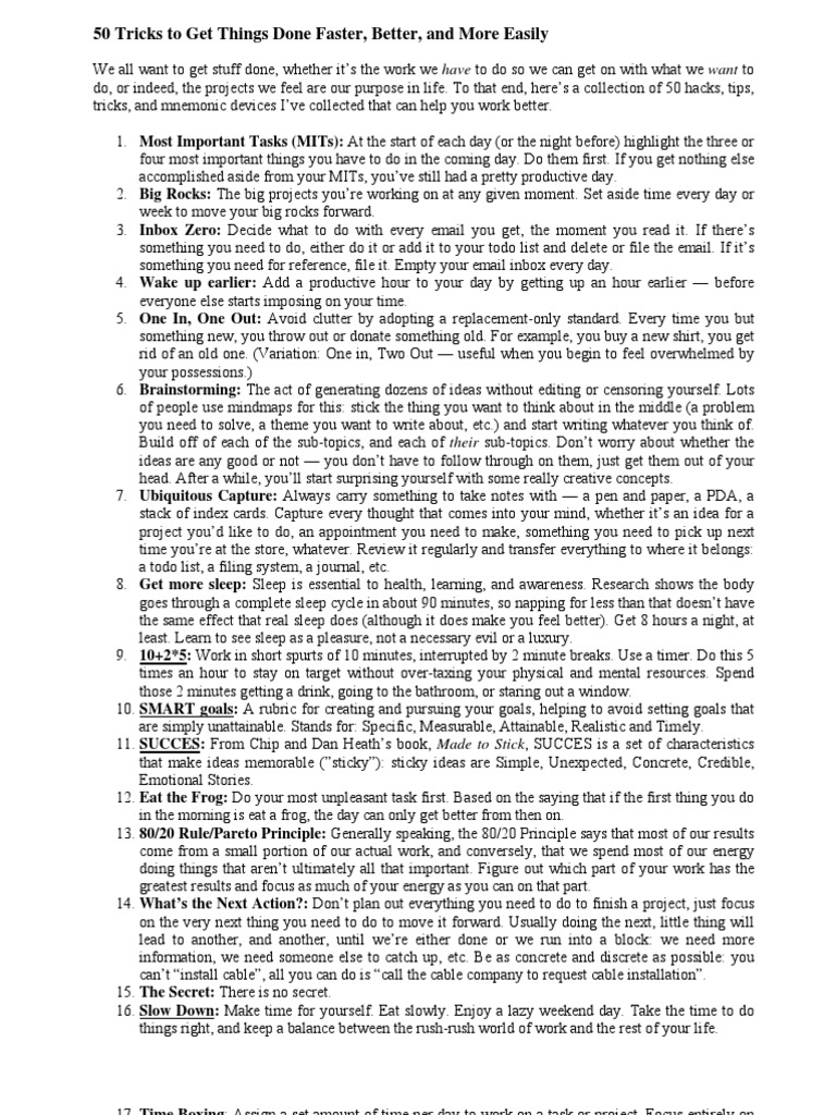 50 Tricks To Get Things Done Faster, Better, and More Easily | PDF ...