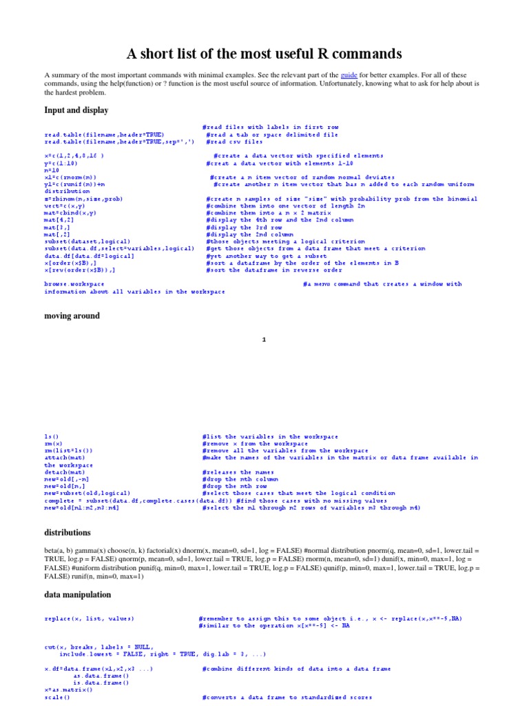 A Short List Of The Most Useful R Commands Pdf Analysis Of Variance Correlation And Dependence 