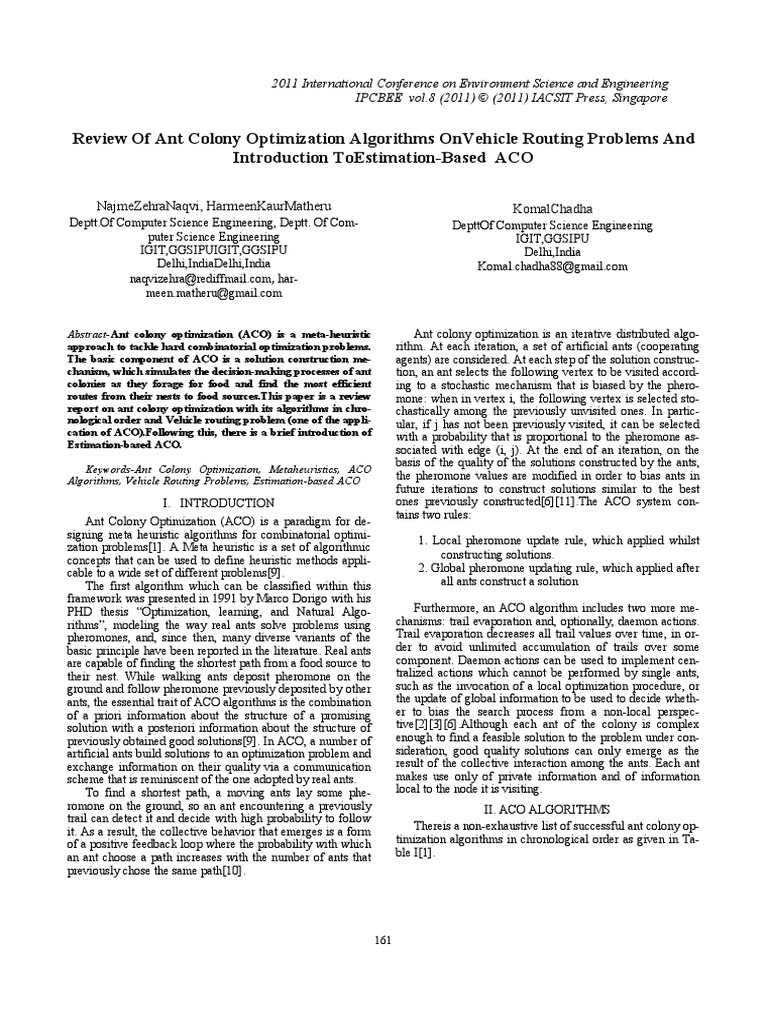 Review of Ant Colony Optimization Algorithms Onvehicle Routing Problems ...